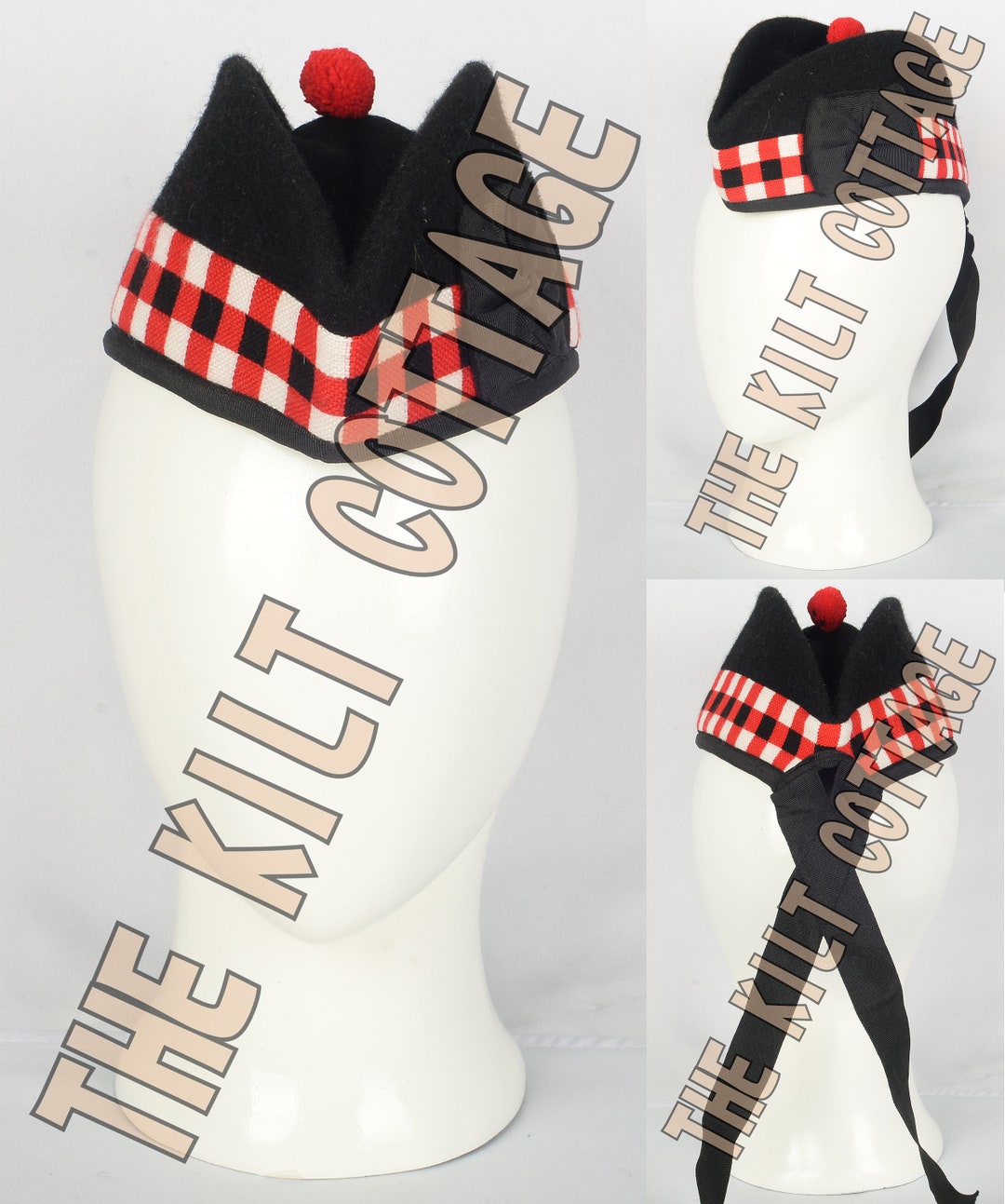 Scottish Glengarry Bonnet Hat - Red Black White Diced - 100% Wool ...