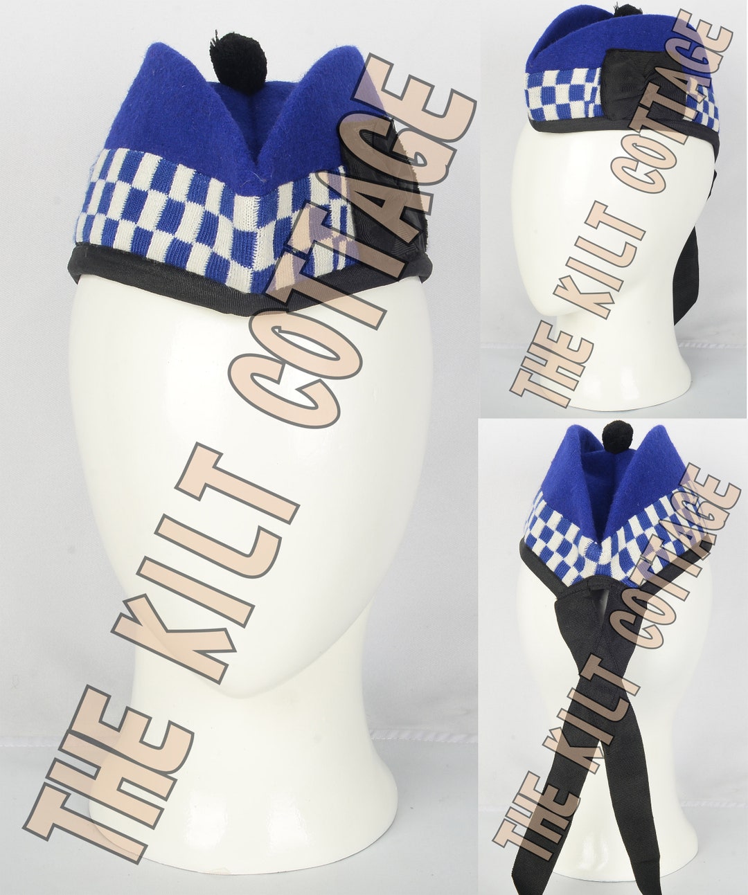 Scottish Glengarry Bonnet Hat - Blue White Diced - 100% Wool British ...