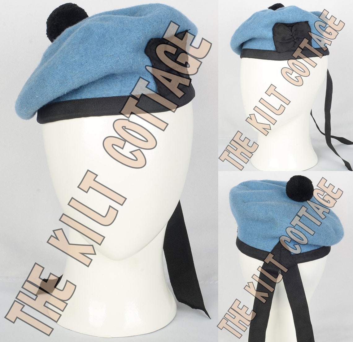 Scottish Balmoral Bonnet Hat KILT Cap Plain Sky Blue Cap 100% Wool ...