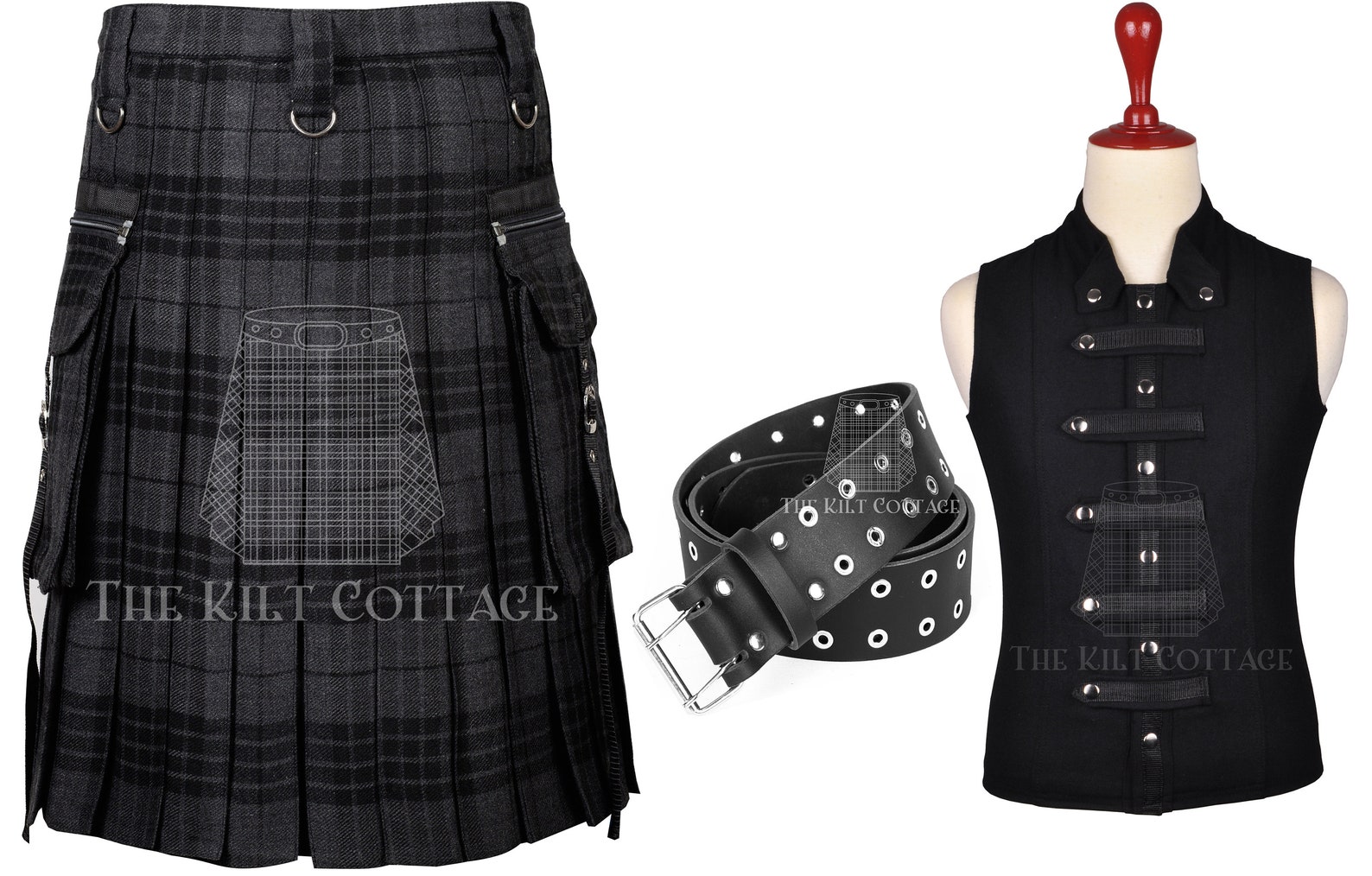 Grey Watch Tartan Gothic Kilt Value Pack - Tartan Utility Kilt - Punk ...
