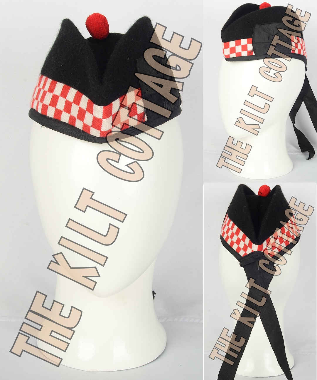 Scottish Glengarry Bonnet Hat - Red White Diced - 100% Wool British ...