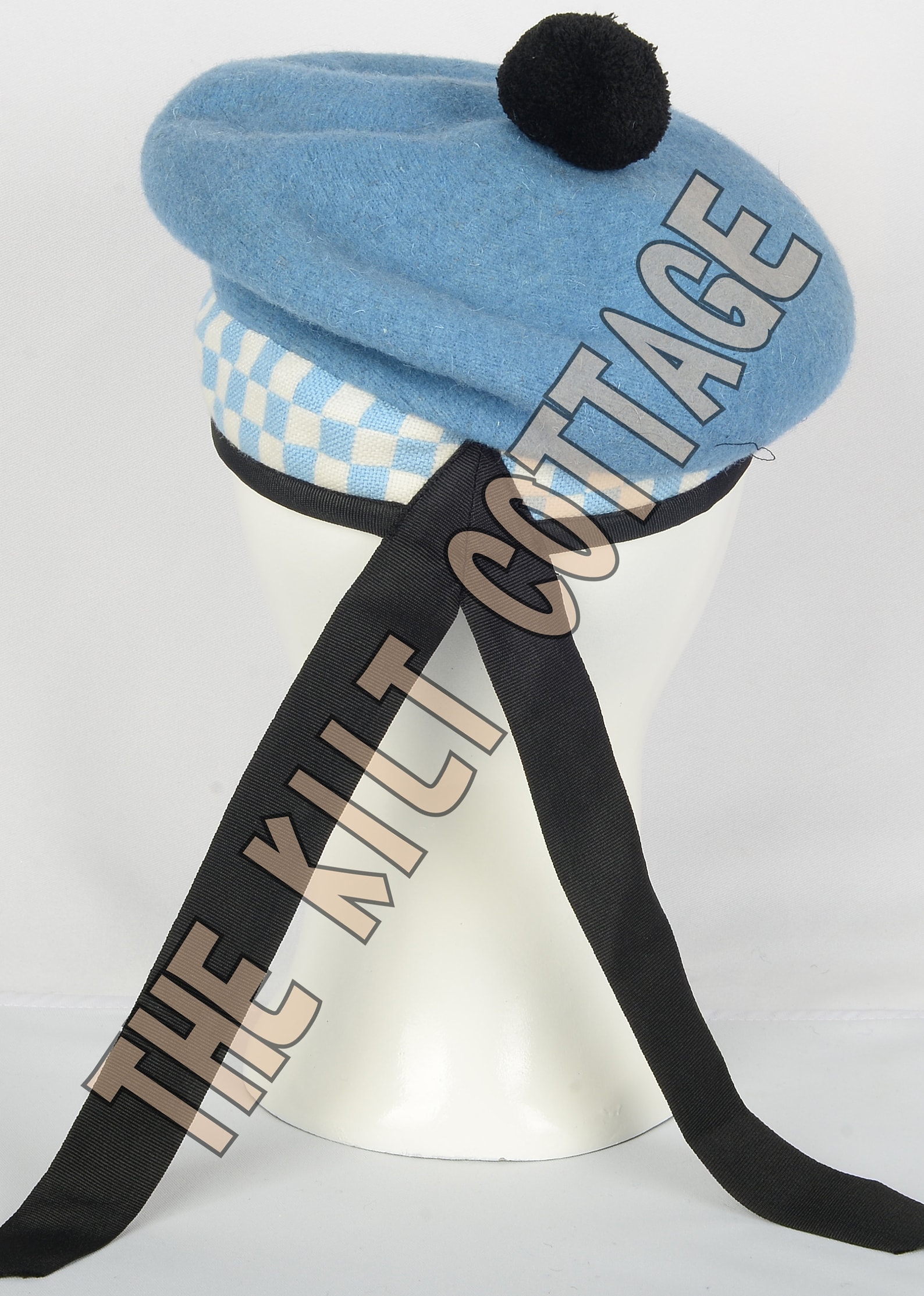 Scottish Balmoral Diced Bonnet Hat KILT Cap Sky Blue Cap 100% Wool ...