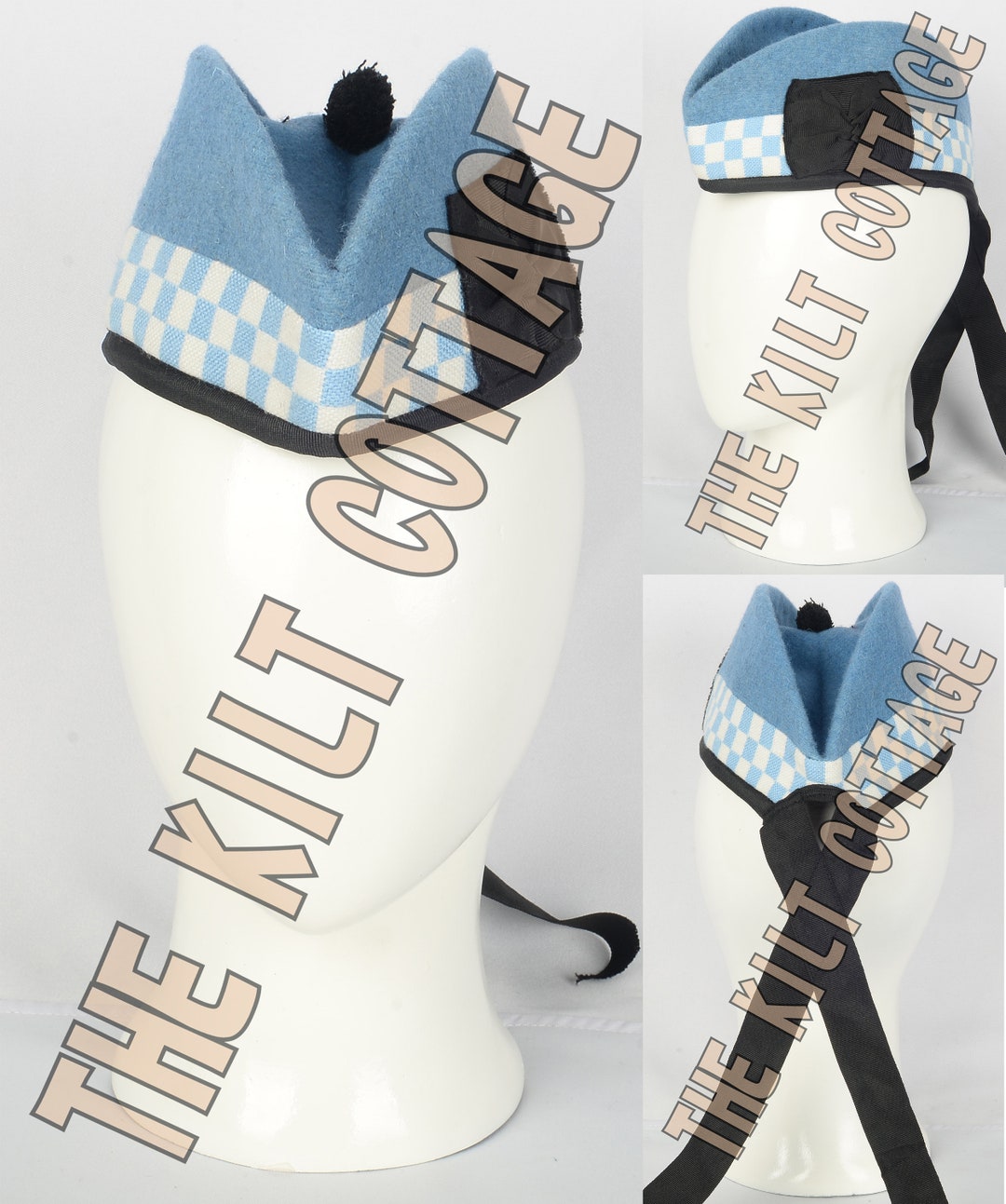 Scottish Glengarry Bonnet Hat - Sky Blue & White Diced Cap - KILT Cap ...