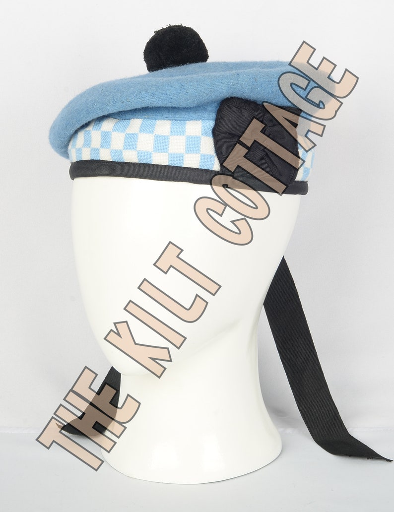 Scottish Balmoral Diced Bonnet Hat KILT Cap Sky Blue Cap 100% Wool ...