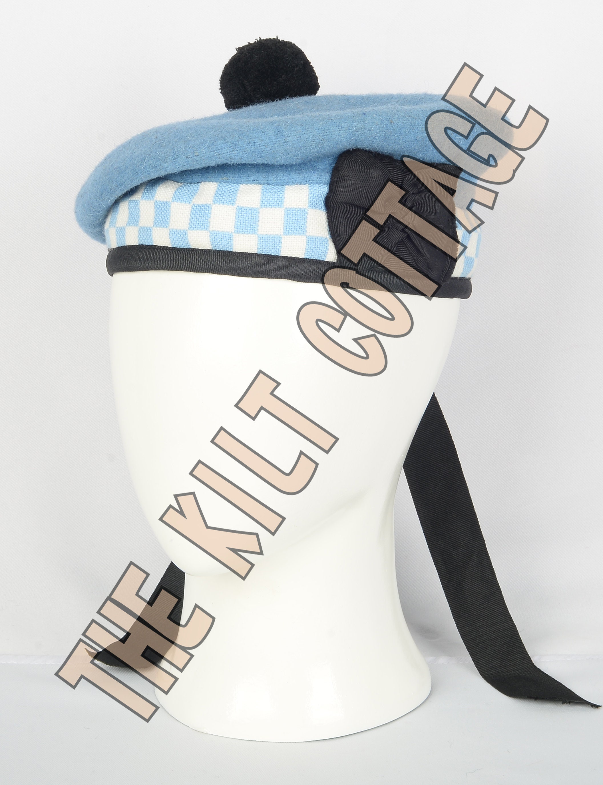 Scottish Balmoral Diced Bonnet Hat KILT Cap Sky Blue Cap 100% Wool ...