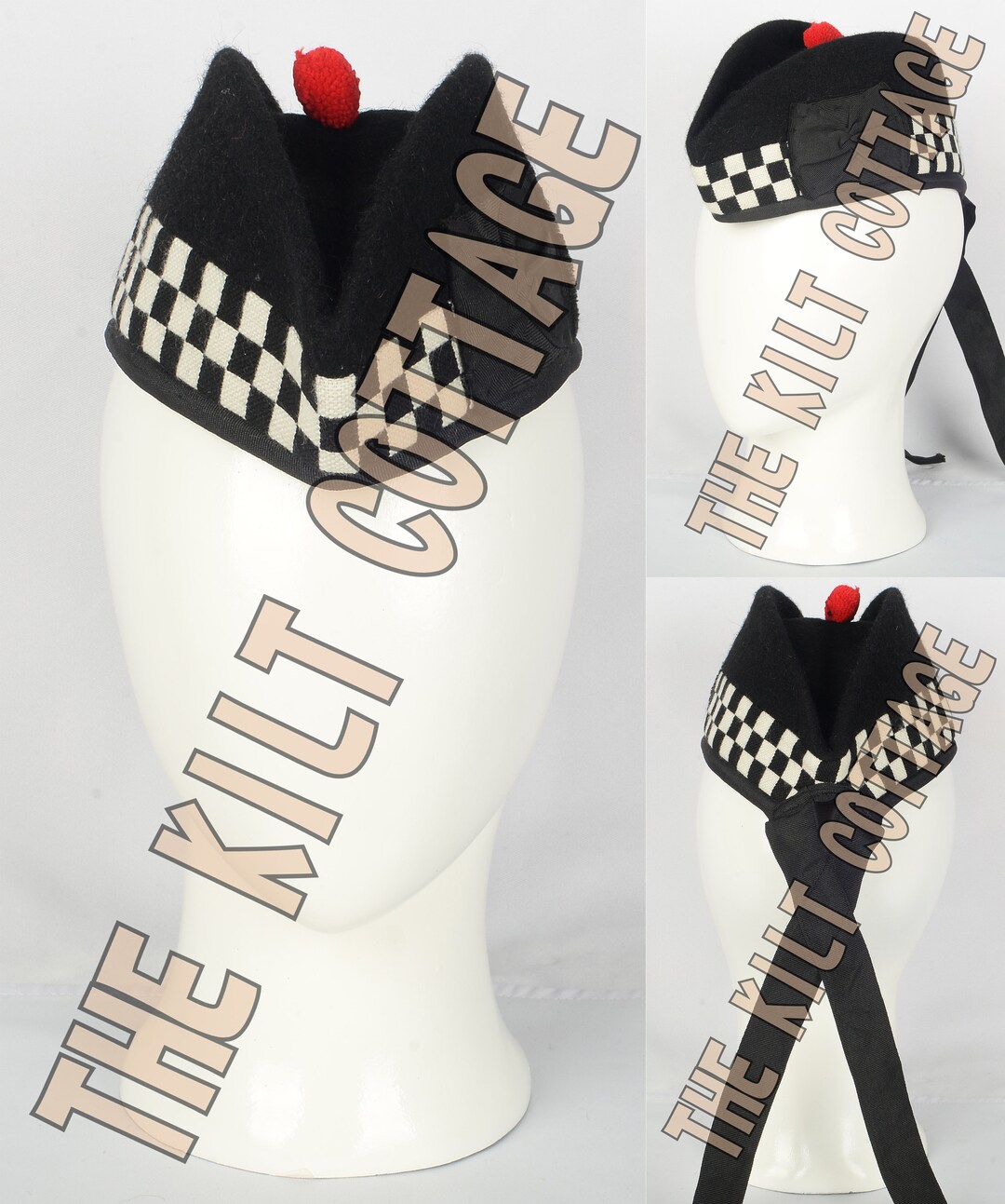 Scottish Glengarry Black White Diced Bonnet Hat - 100% Wool British ...