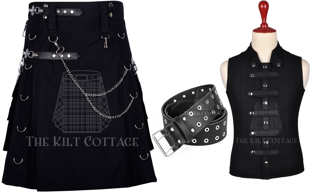 Gothic Kilt Value Pack - Premium Black Cotton Utility Kilt - Punk Rock ...
