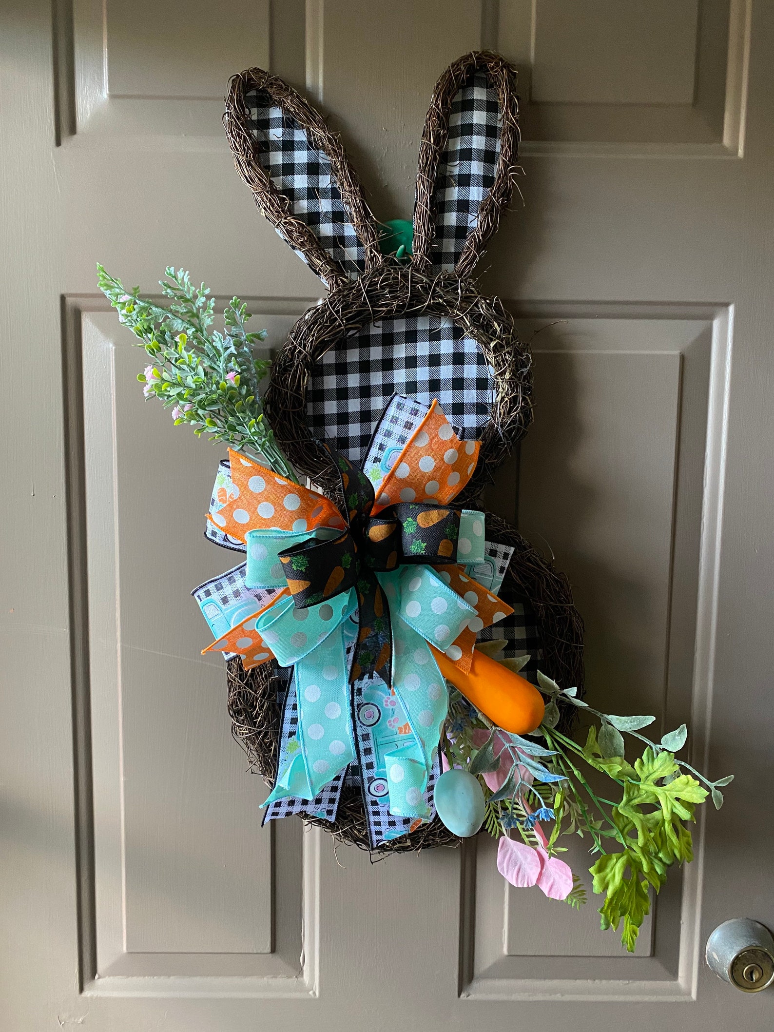 Easter Bunny Wreath, Buffalo Check Bunny Wall Hanging, Easter Door ...