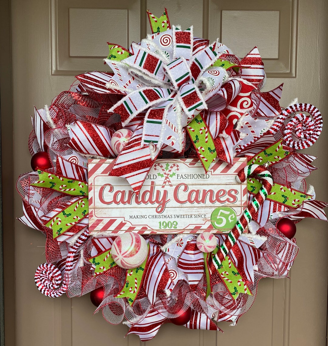Candy Cane Christmas Wreath, Peppermint Wreath, Red and White Christmas ...