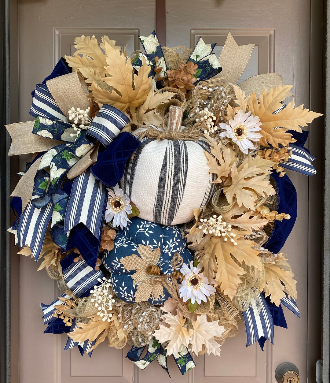 Fall Farmhouse Wreath, Autumn Pumpkin Wreath, Fall Deco Mesh Wreath ...