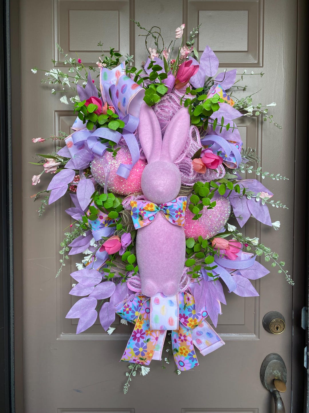 Easter Bunny Swag, Spring Deco Mesh Wreath, Purple Flock Bunny Door ...