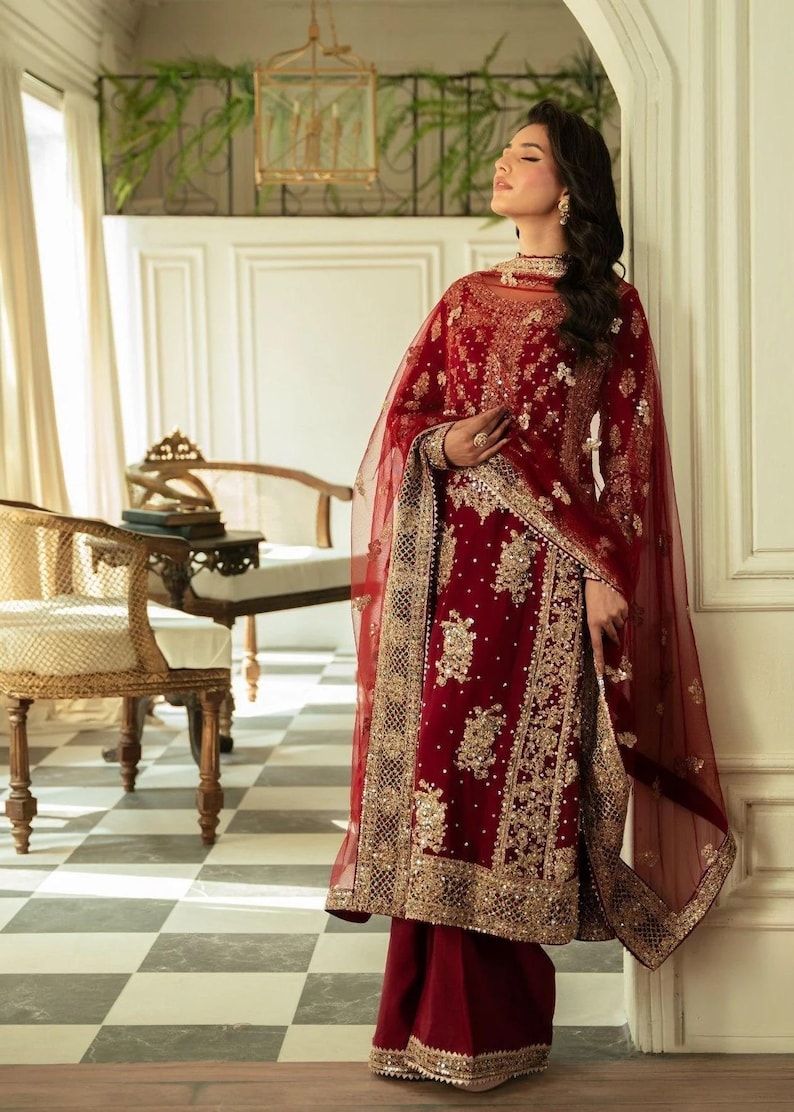 Maroon Chiffon Pakistani Outfit: Zari Embroidered Kurta, Trousers ...