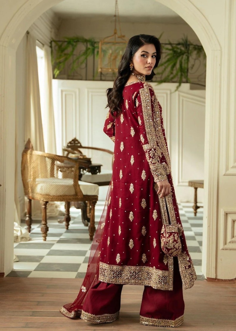 Maroon Chiffon Pakistani Outfit: Zari Embroidered Kurta, Trousers ...