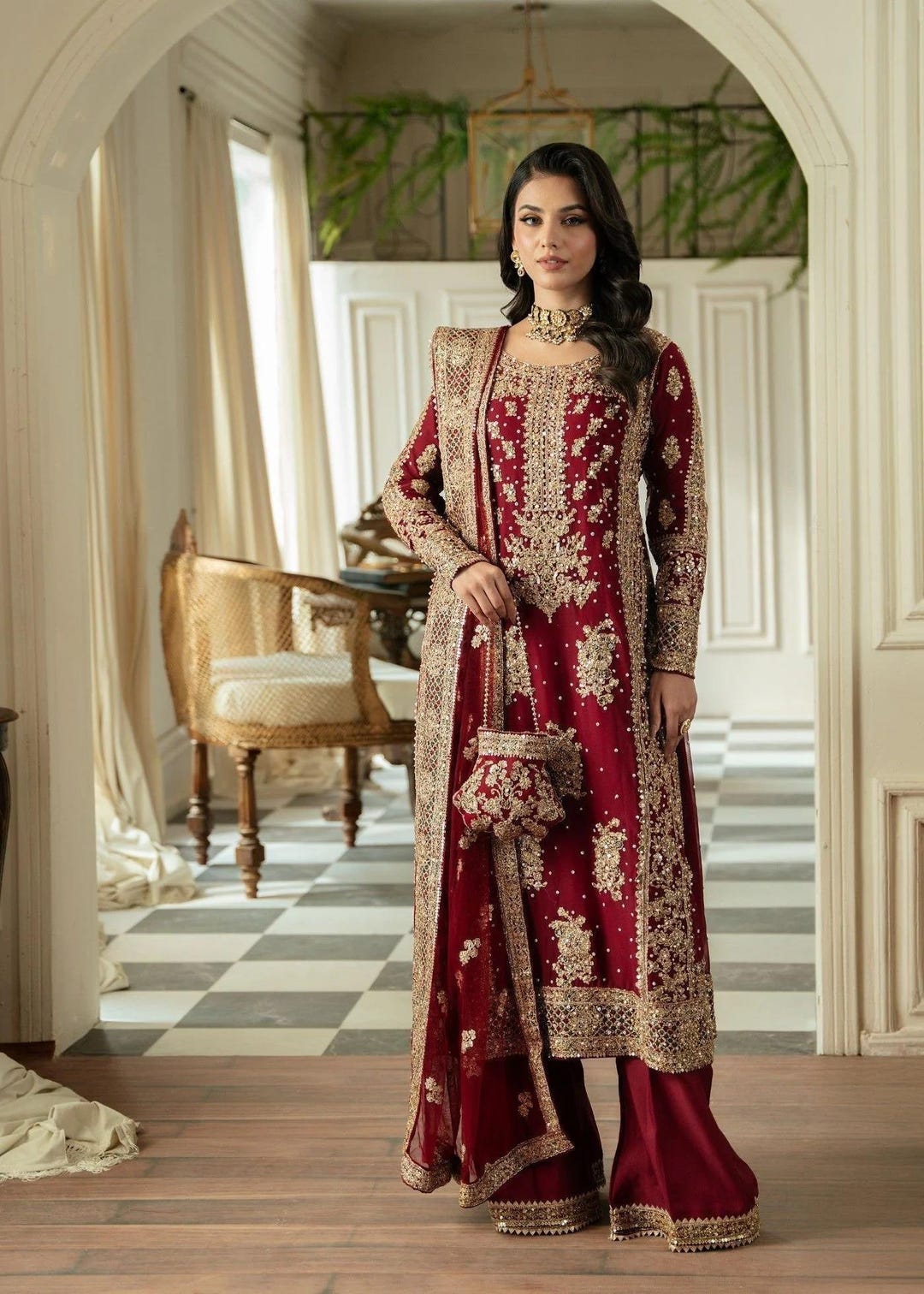 Maroon Chiffon Pakistani Outfit: Zari Embroidered Kurta, Trousers ...