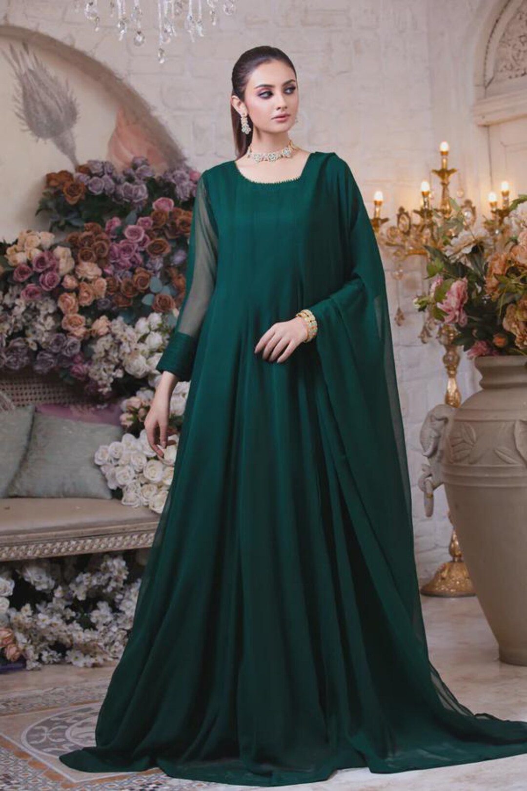 Green Chiffon Kalidar Frock: Pakistani Anarkali Maxi Dress With Dupatta ...