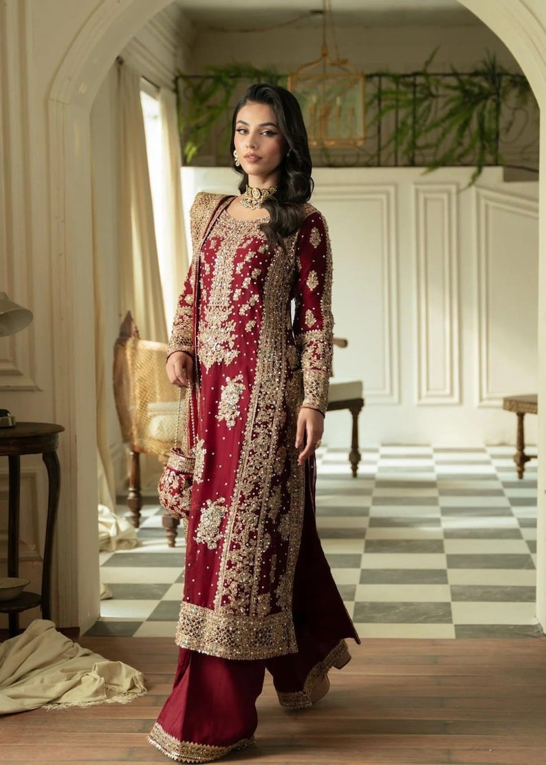 Maroon Chiffon Pakistani Outfit: Zari Embroidered Kurta, Trousers ...