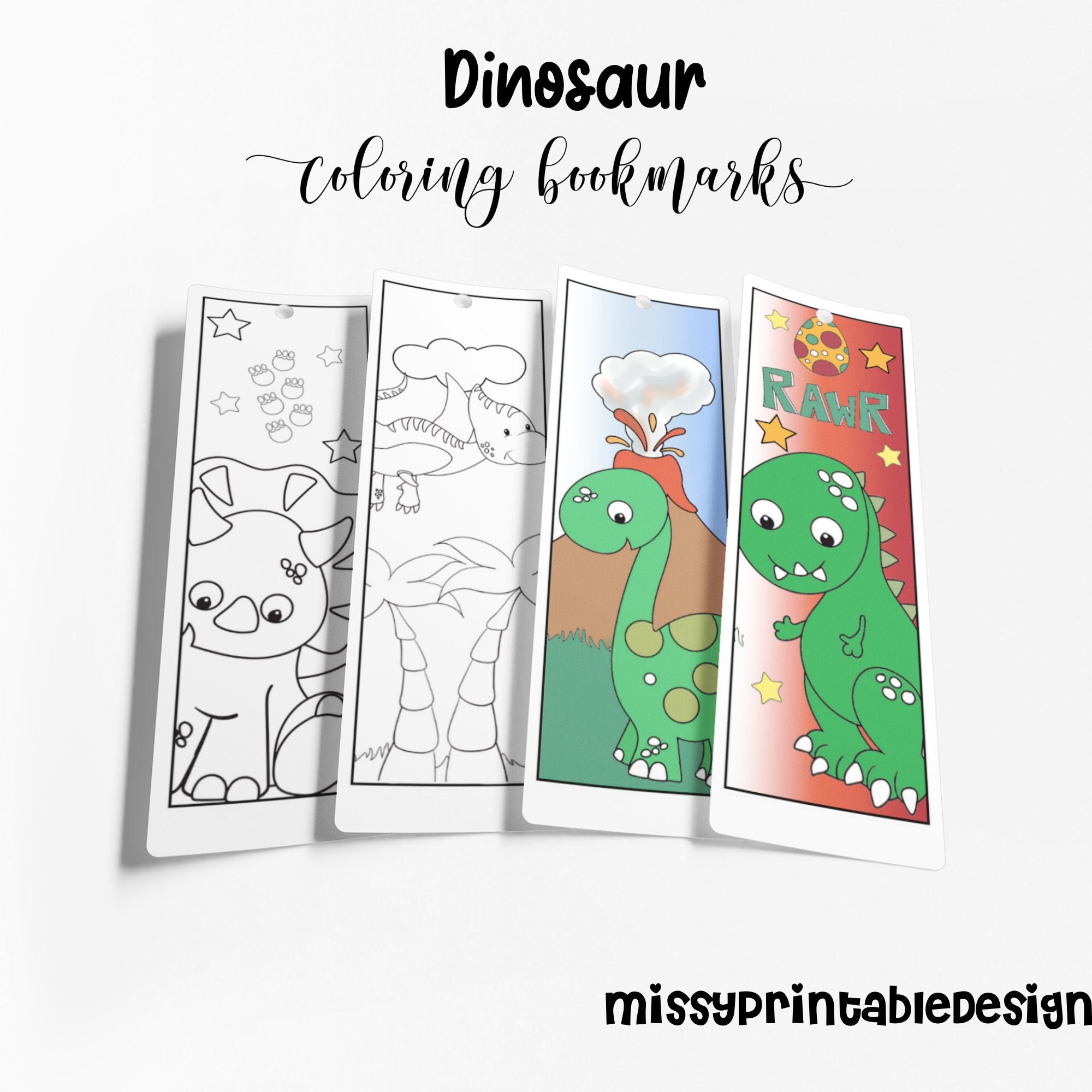 Dinosaur Coloring Bookmarks Set of 4 Printable Dinosaur | Etsy