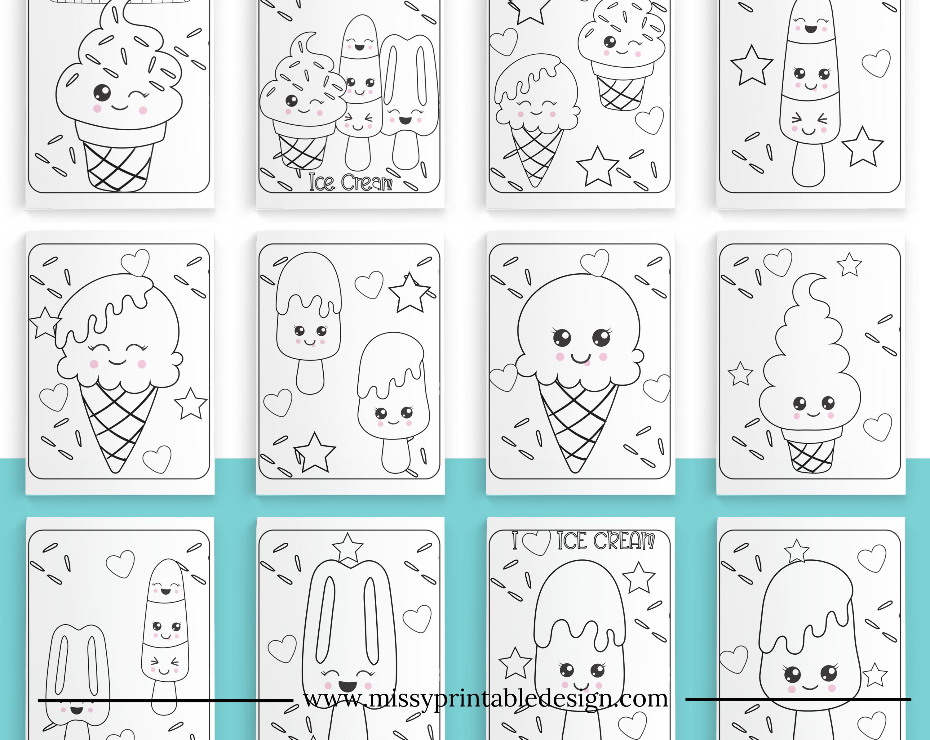 Kawaii Ice Cream Coloring Pages for Kids (PDF Pattern) - Etsy