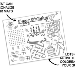 Happy Birthday Placemat, Printable Birthday Party Placemats, Coloring ...
