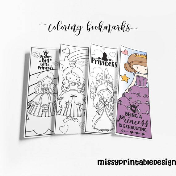Princess Coloring Bookmarks (Set of 4), Printable Princess Coloring ...