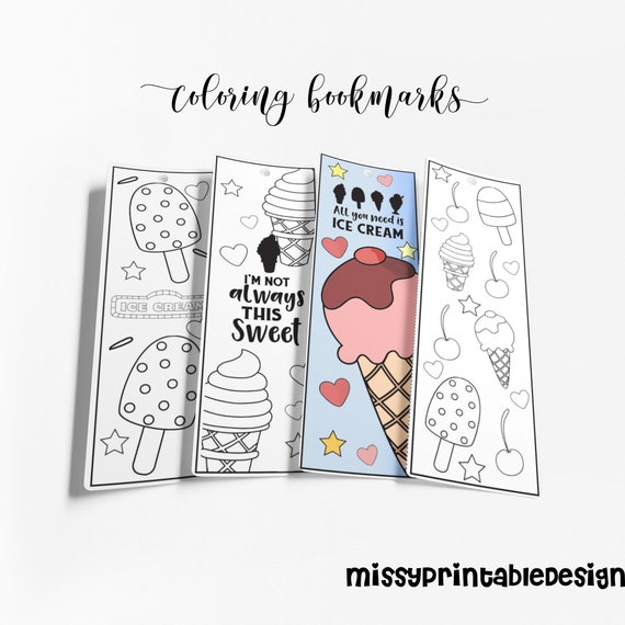 Ice Cream Coloring Bookmarks (Set of 4), Printable Ice Cream Coloring ...