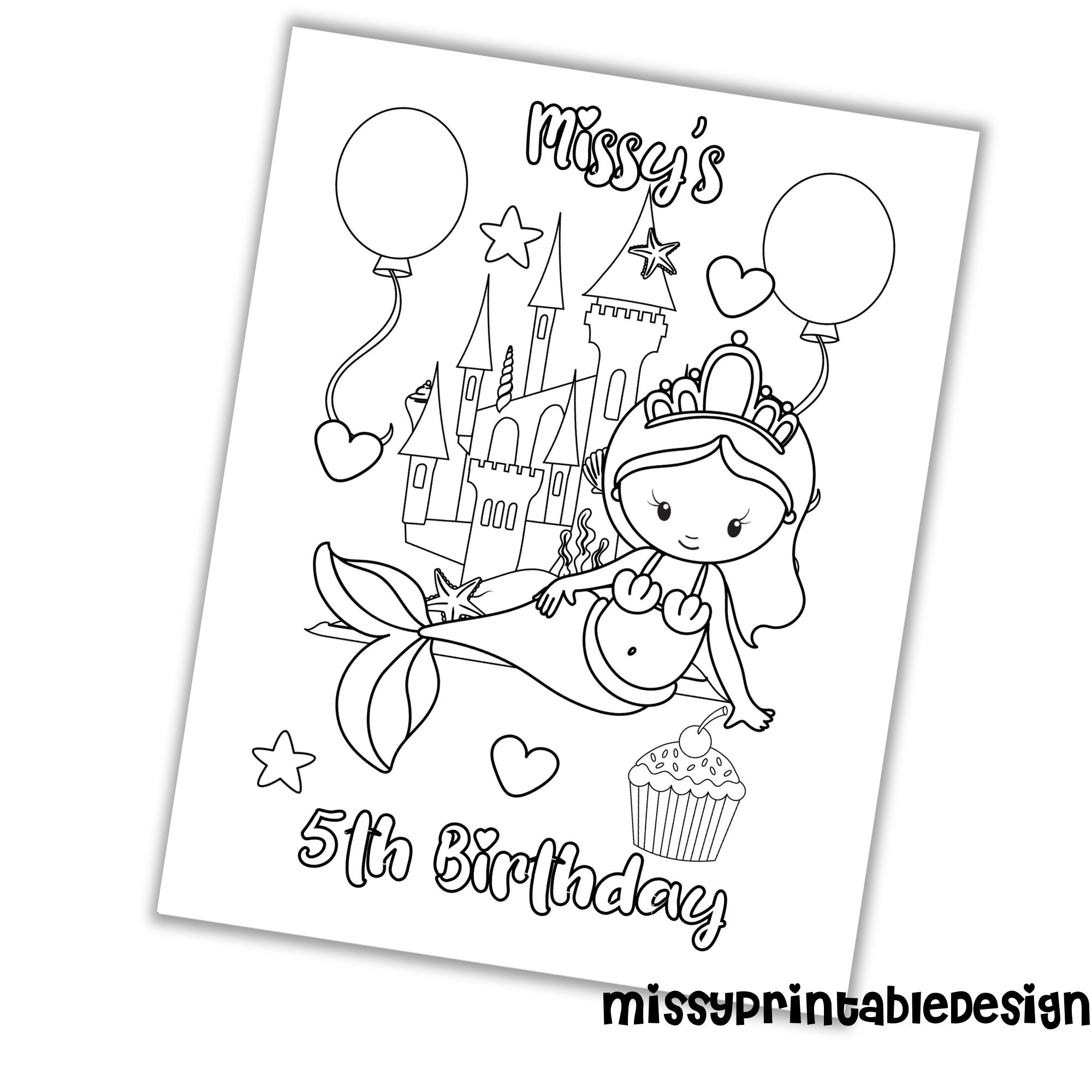 Personalized Mermaid Birthday Coloring Pages, Kids Party Activity ...