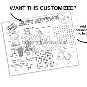 Circus Coloring Placemats, Printable Circus Party Placemats, Coloring ...