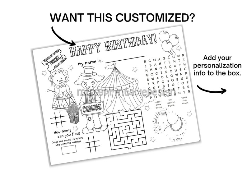 Circus Coloring Placemats Printable Circus Party Placemats - Etsy