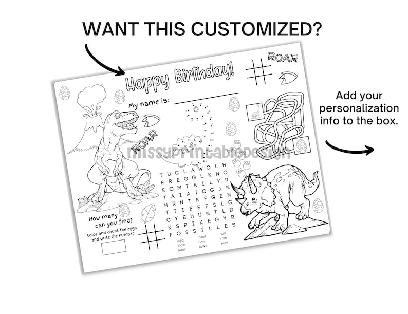 Dinosaur Birthday Coloring Placemats: Kids Party Activity (PDF) - Etsy