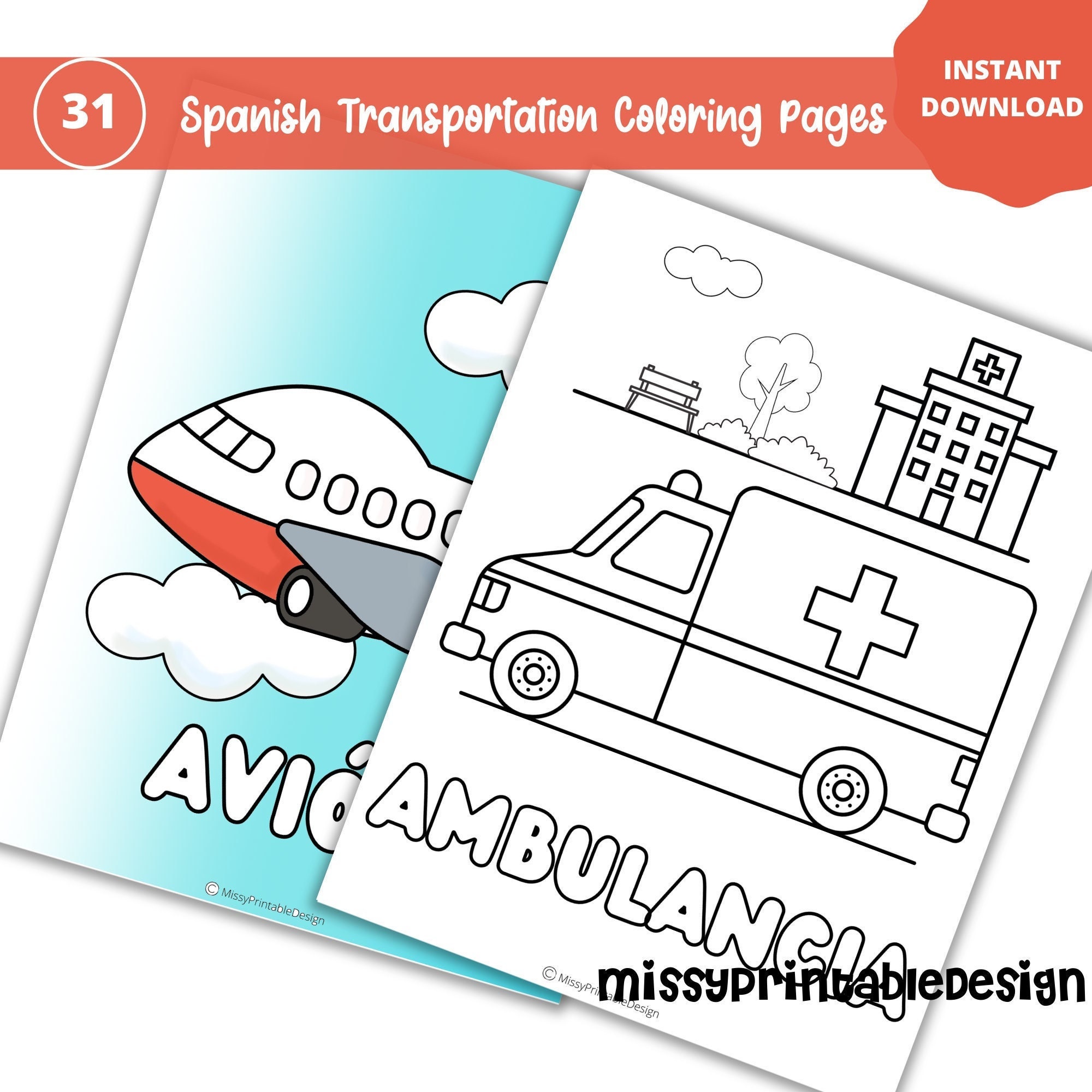Spanish Transportation Coloring Pages – Kids Vehicle Activity (instant ...