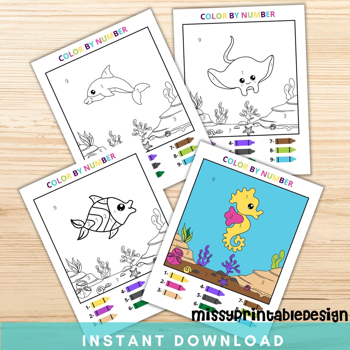 Color by Number Sea Animals for Kids Animal Coloring Sheets - Etsy