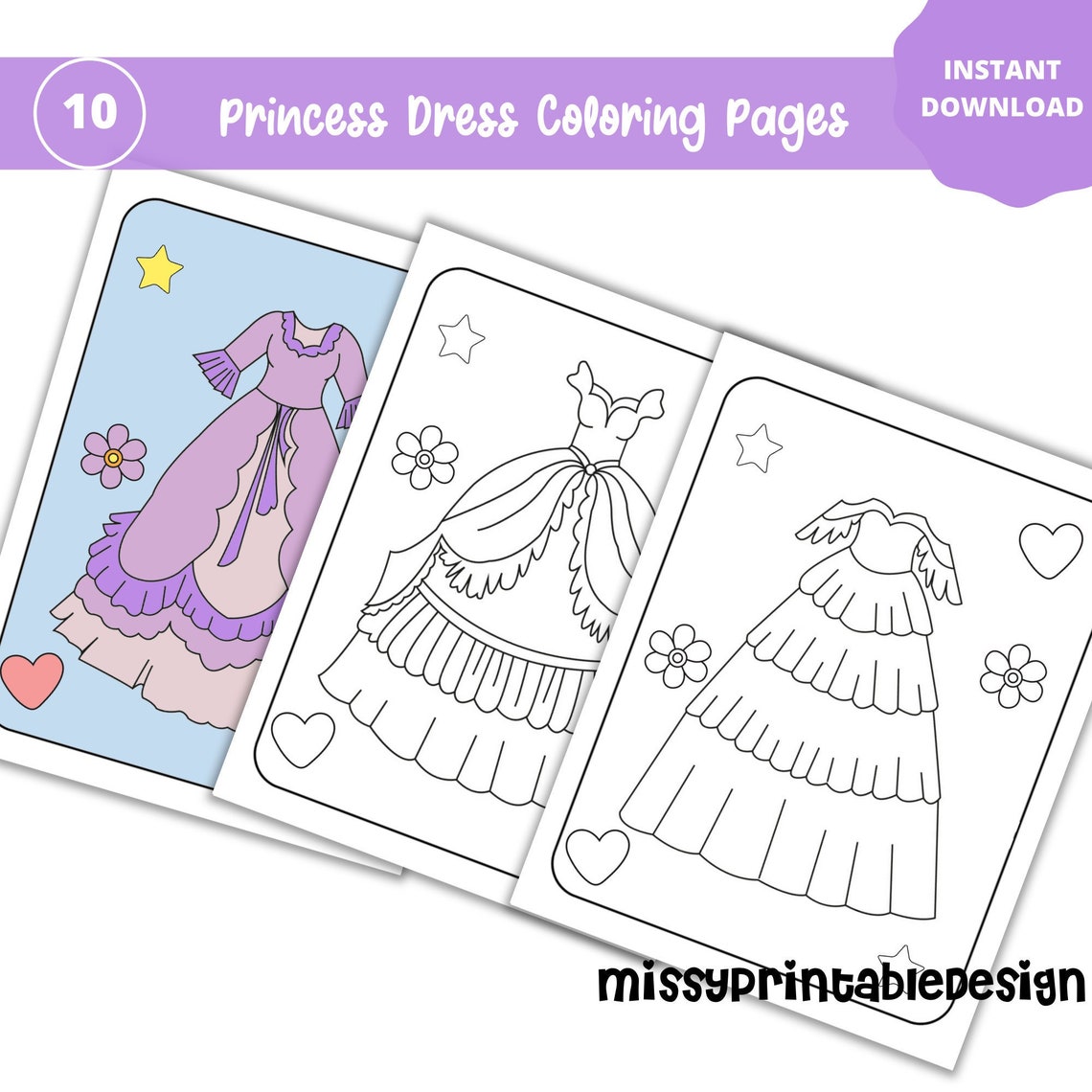 Princess Dress Coloring Pages 10 Printable Princess Dress - Etsy