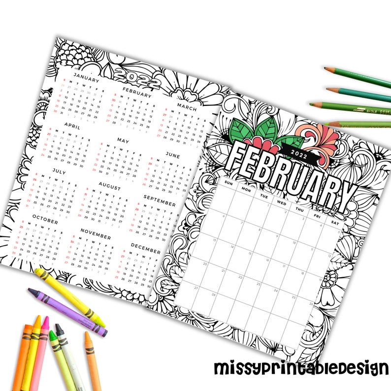 2022 Printable Floral Coloring Calendar Printable 2022 - Etsy