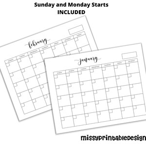 Horizontal Monthly Blank Calendar, Printable Simple Calendar, 11 X 8.5 ...