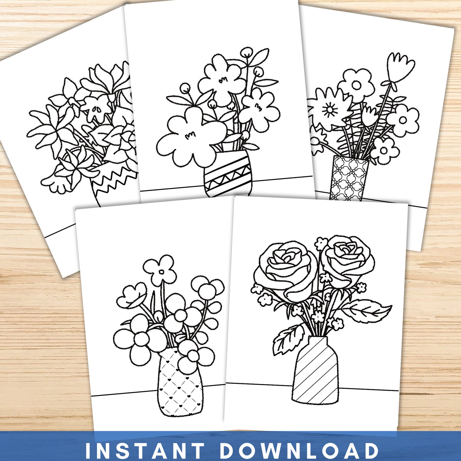 Flower Vase Coloring Pages Easy Flower Coloring Pages Kids - Etsy