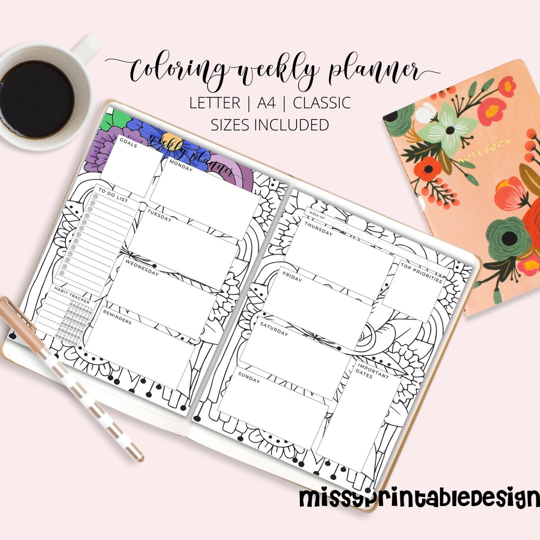 Coloring Weekly Planner: Printable Planner Pages (letter, A4, Classic ...