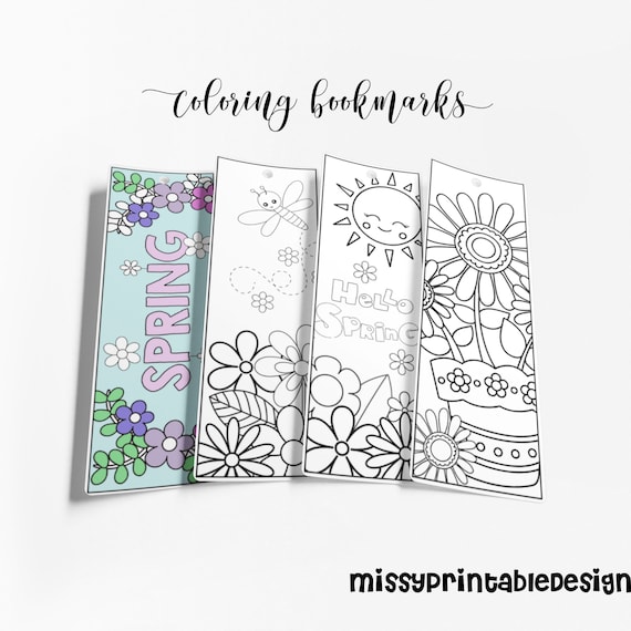 Spring Coloring Bookmarks (Set of 4), Printable Spring Coloring, Party ...