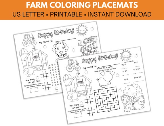 Farm Coloring Placemats, Printable Farm Party Placemats, Coloring Page ...