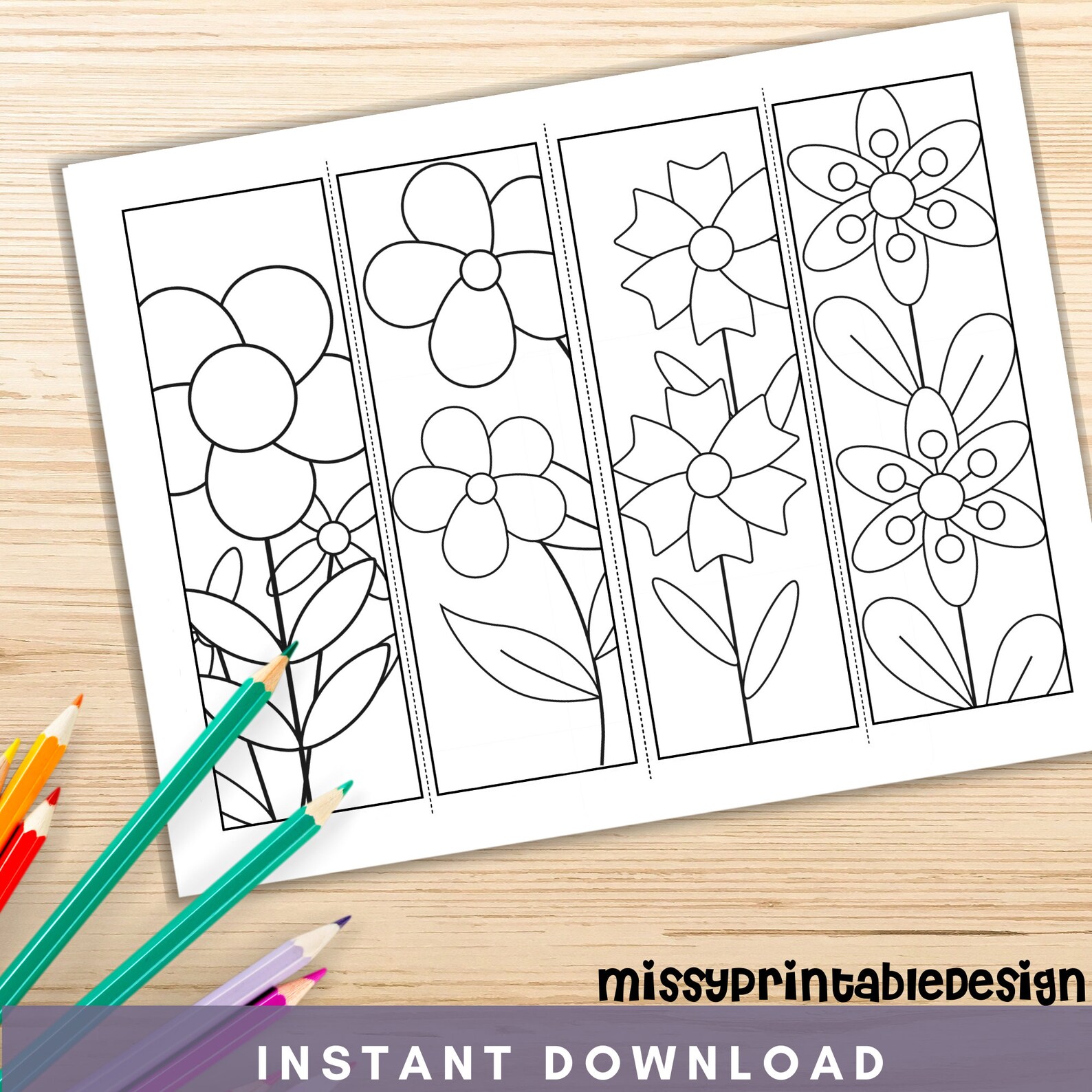 Flower Coloring Bookmarks set of 4 Printable Flower - Etsy