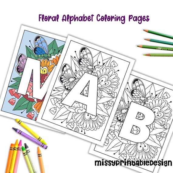 Floral Alphabet Letters Coloring Pages Printable Adult | Etsy