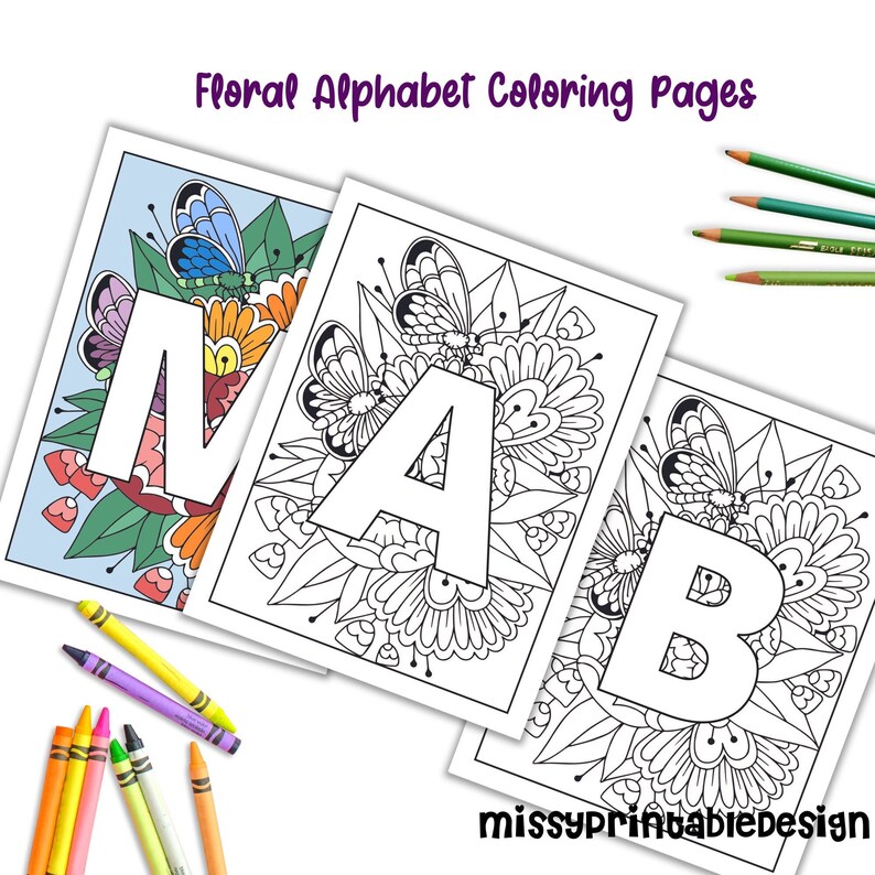 Floral Alphabet Letters Coloring Pages Printable Adult | Etsy