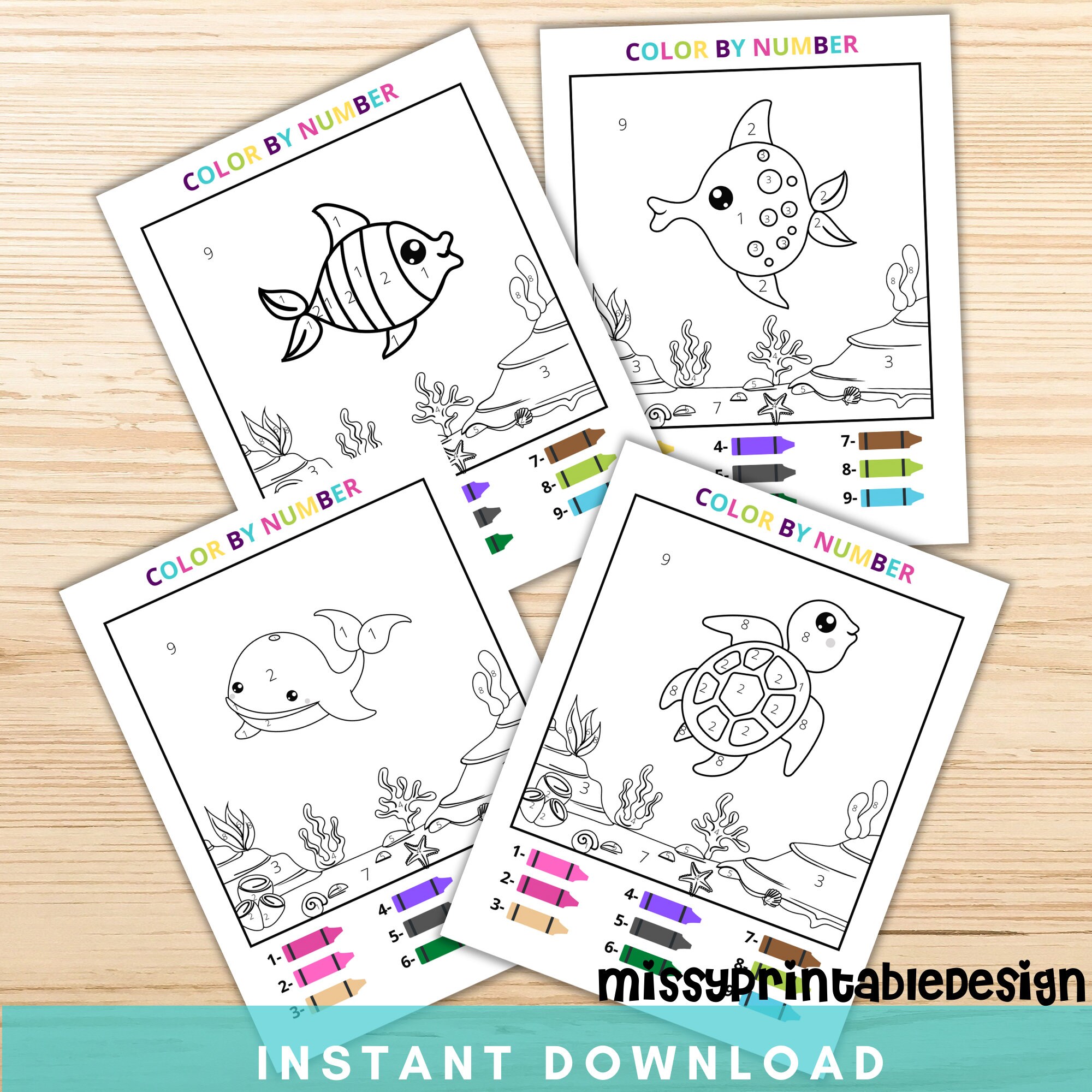 Color by Number Sea Animals for Kids Animal Coloring Sheets - Etsy