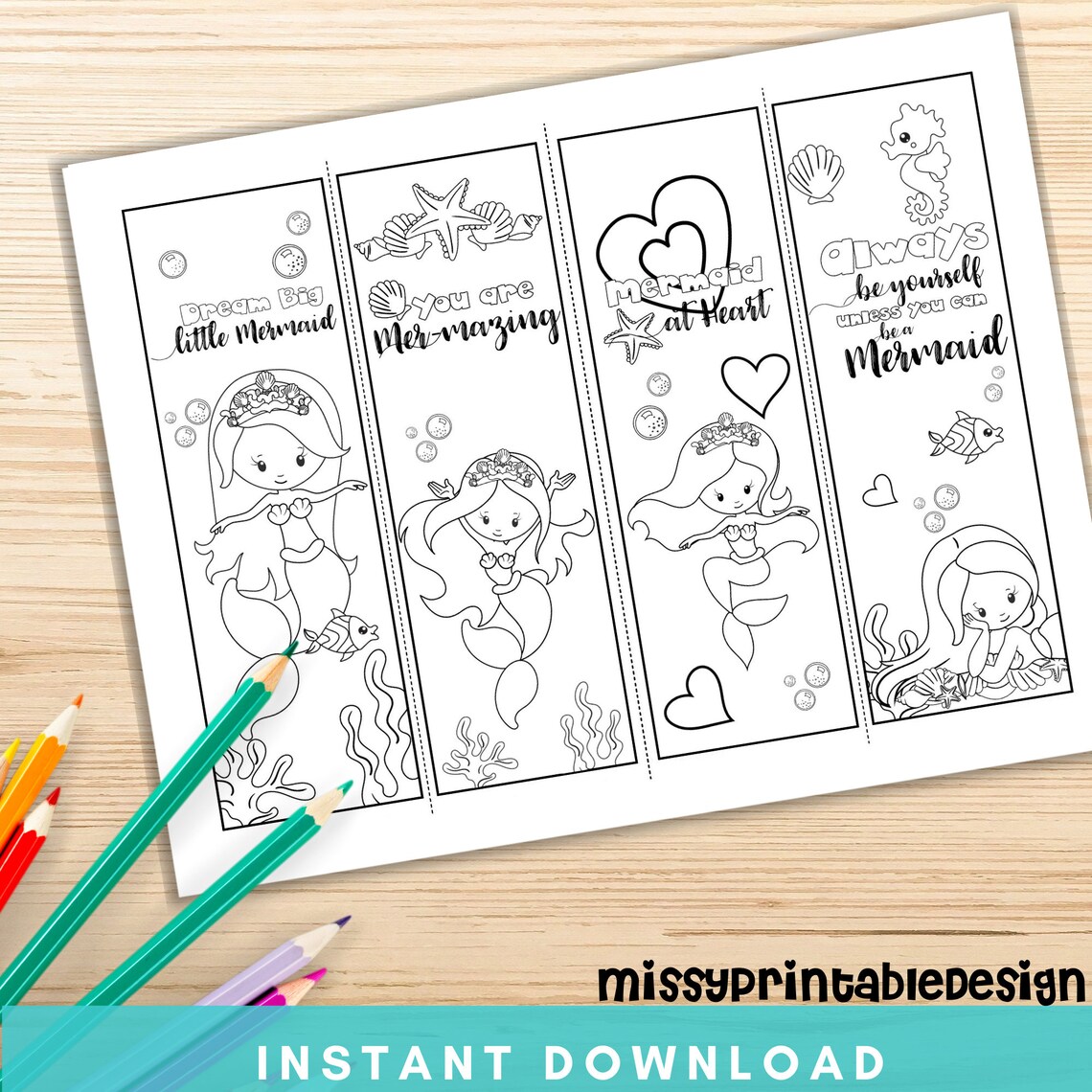 Mermaid Coloring Bookmarks set of 4 Printable Mermaid - Etsy
