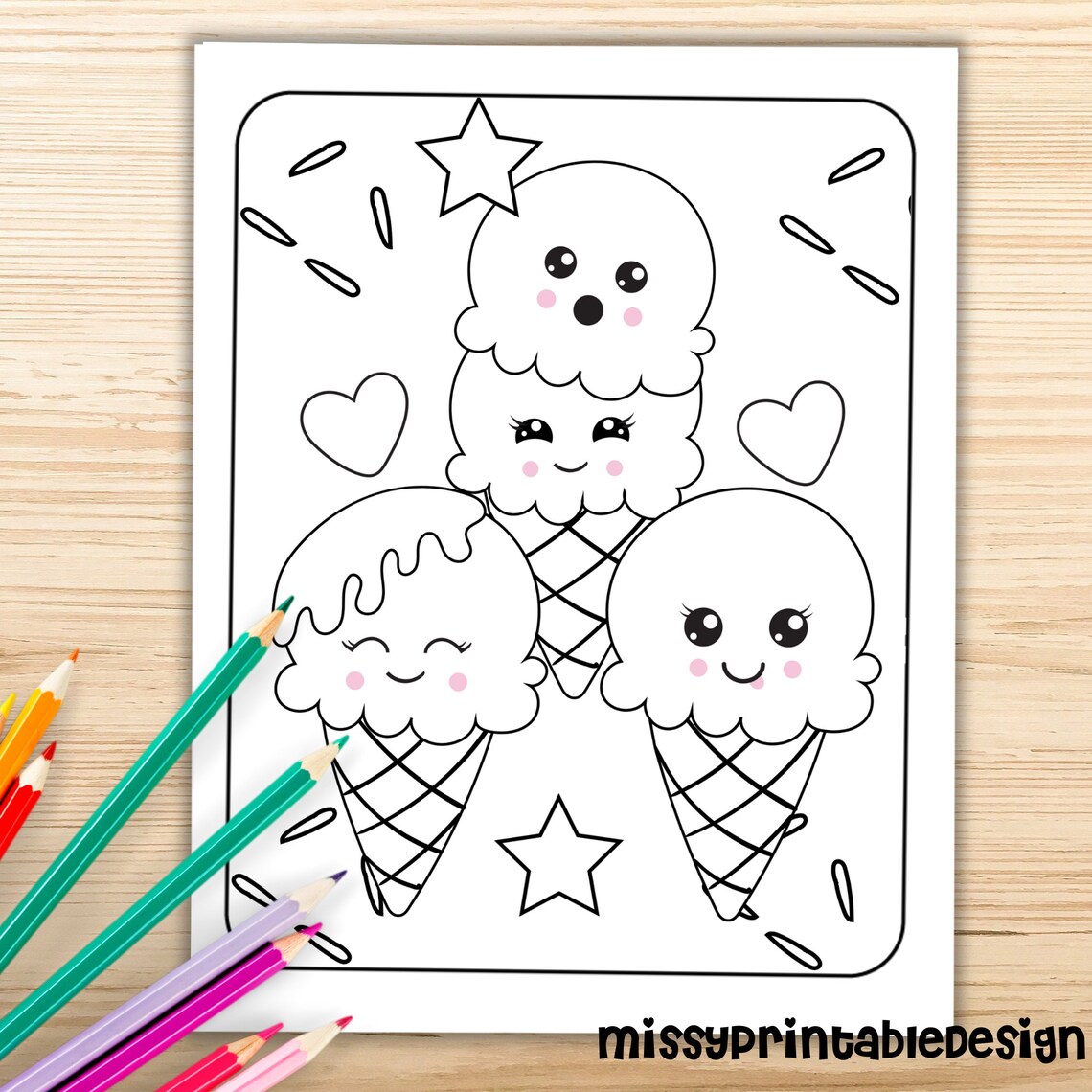 Kawaii Ice Cream Coloring Pages for Kids Printable Kawaii - Etsy