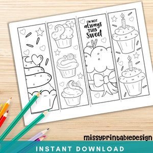 Cupcake Coloring Bookmarks (set of 4), Printable Cupcake Coloring Page ...