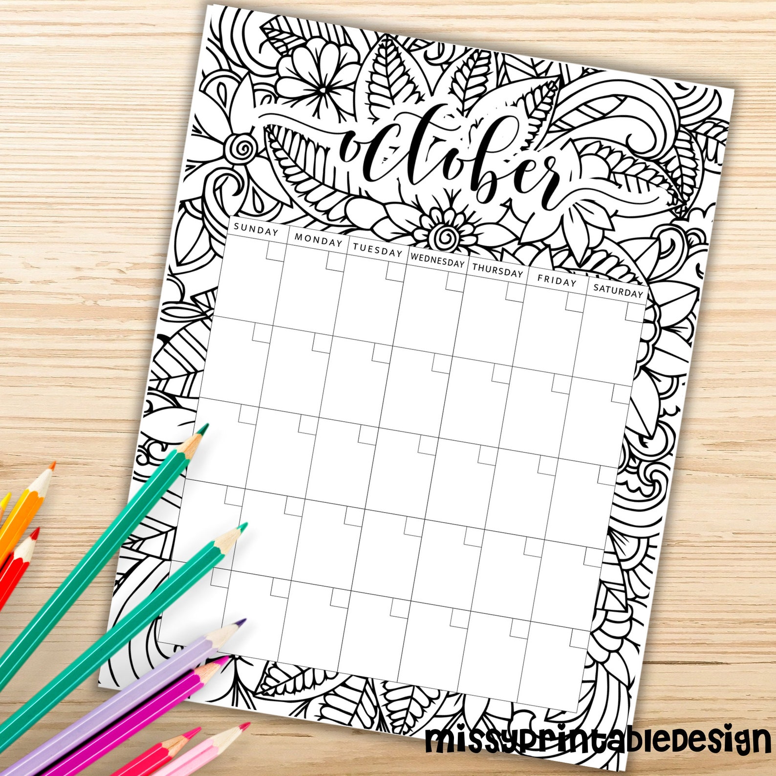 Undated Printable Floral Coloring Calendar Printable Monthly - Etsy