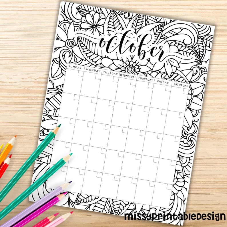 Undated Printable Floral Coloring Calendar Printable Monthly - Etsy