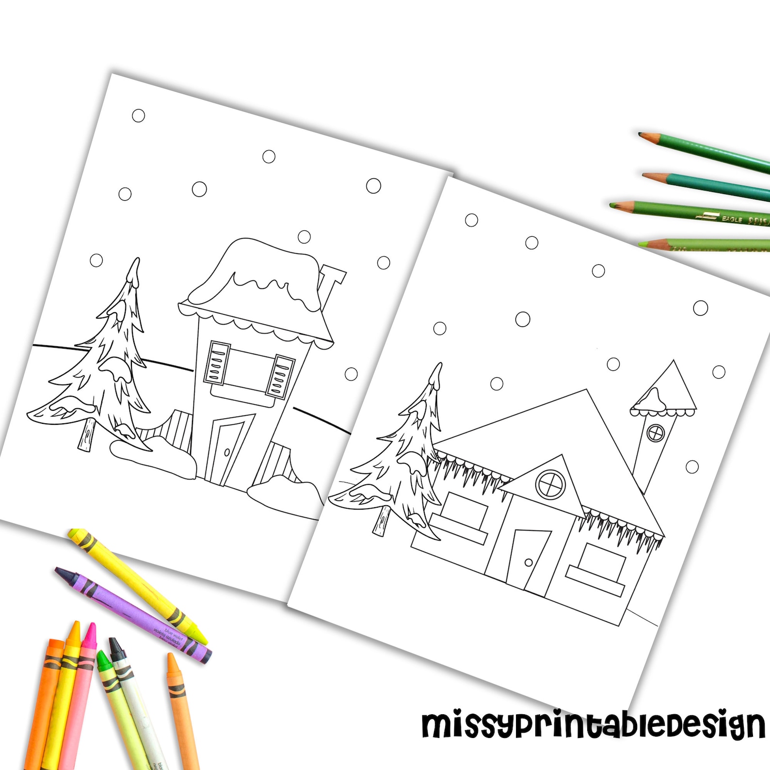 Winter House Coloring Pages Printable Winter House Coloring | Etsy