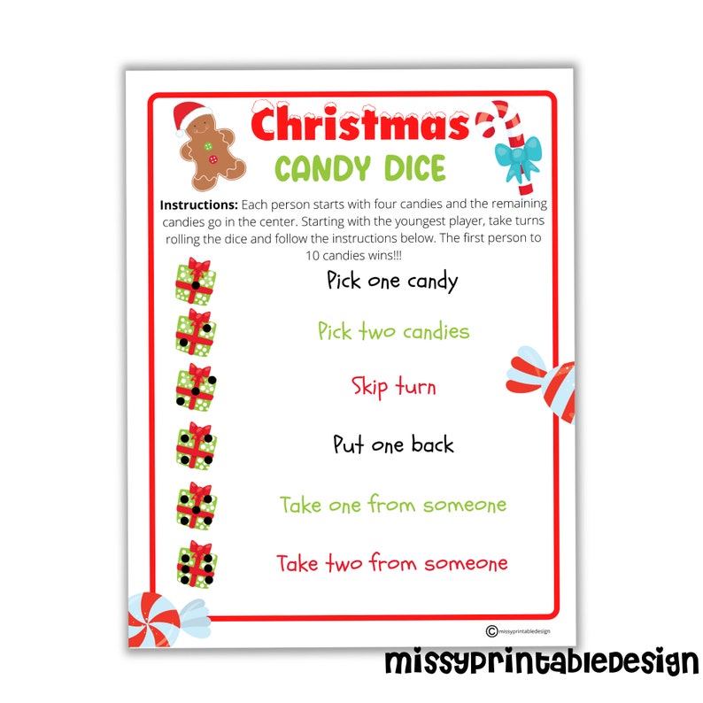 Christmas Candy Dice Game Printable Candy Dice Game Holiday - Etsy