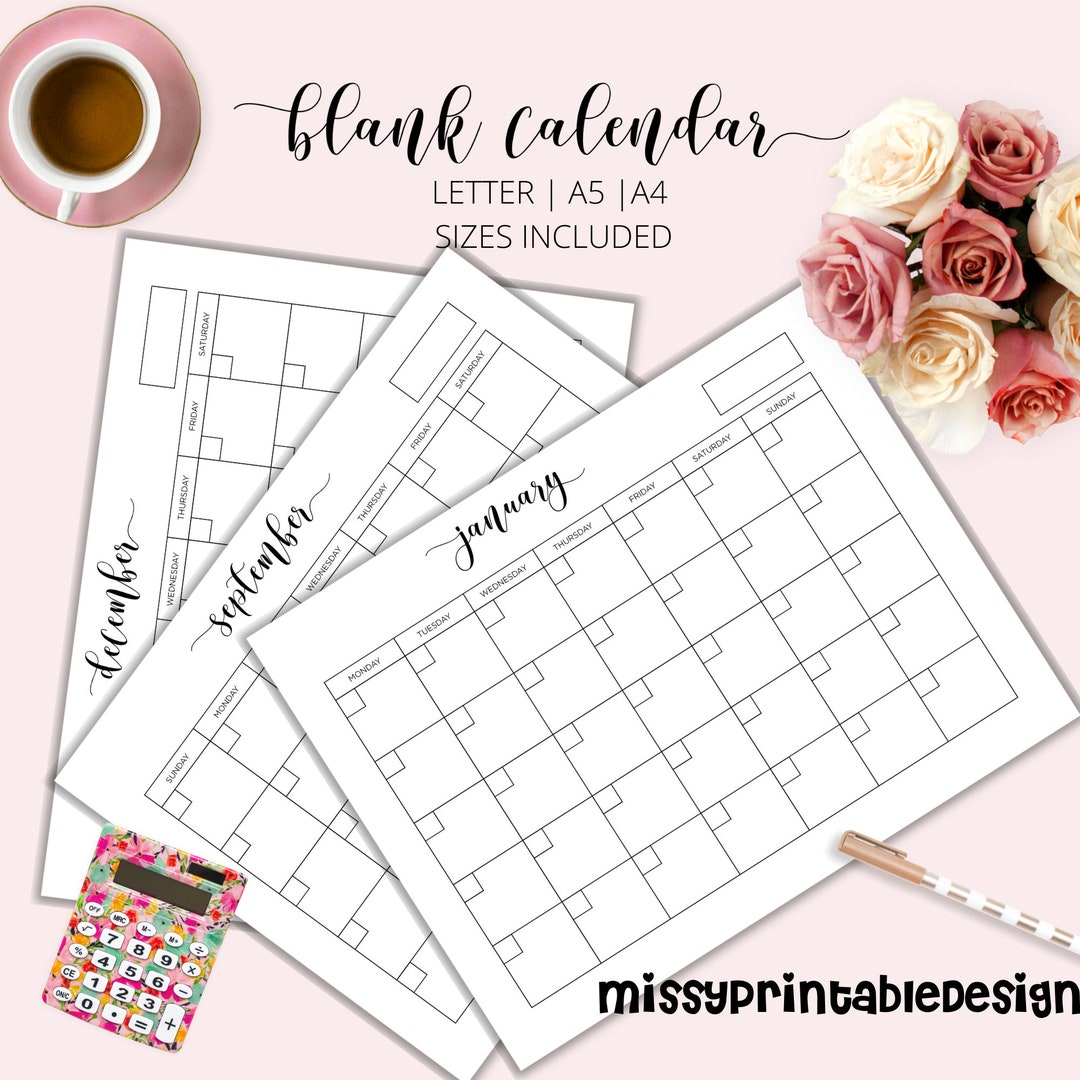 Horizontal Monthly Blank Calendar, Printable Simple Calendar, 11 X 8.5 ...